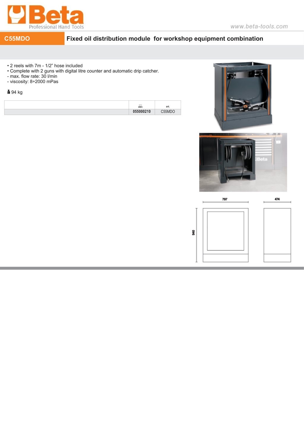 Fixed Oil Distribution Module with 2 Reels, 7m 1/2 Hose, Digital Litre ...